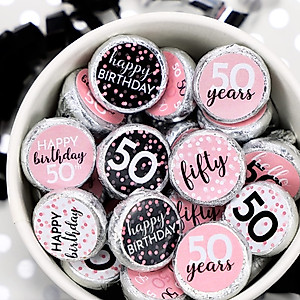Pink, Black, and White 50th Birthday Party Favor Chocolate Kisses Candy Stickers - 180 Count
