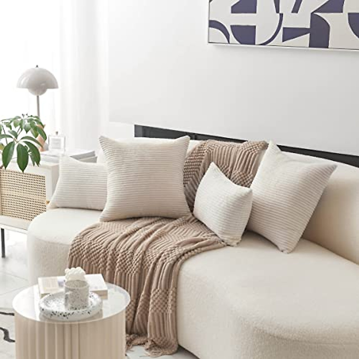 Home Brilliant Cream Pillow Covers Decorative Throw Pillows Set of 2 Striped Corduroy Plush Velvet Pillowcases Cushion Cover for Couch, 18x18 inch, Cream Cheese