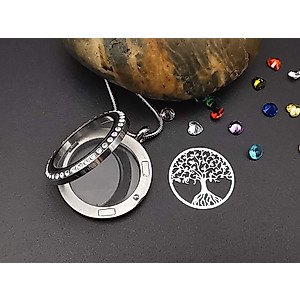 GOKING Family Tree of Life Floating Locket Necklace with 24 Birthstones, 30mm Diy Charms Living Memory Stainless Steel Pendant, Gifts for Mom Grandma Aunt Nieces Daughter Women