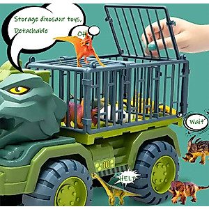 Dinosaur Transport Truck Boy Toys Car Carrier Train with 15PCS Dinosaurs 2 Crane Transport Toys for 3 4 5 6 7 Year Old Boys Girls Kids, Waterproof Mat Activity Playset (Dino Truck)