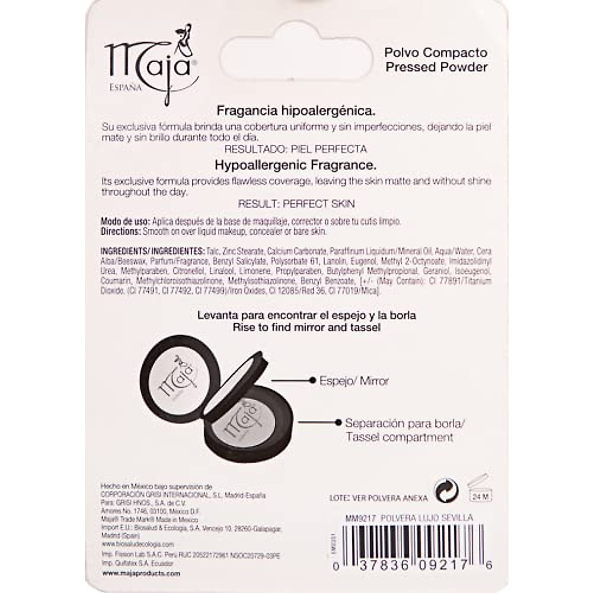 Maja Pressed Compact Powder for Flawless Uniform Coverage, Matte Skin, Without Shine, Long Lasting Effect, Fragrance-Free, Mirror and Tassel, Beige Oscuro Color, 0.53 Oz, Box