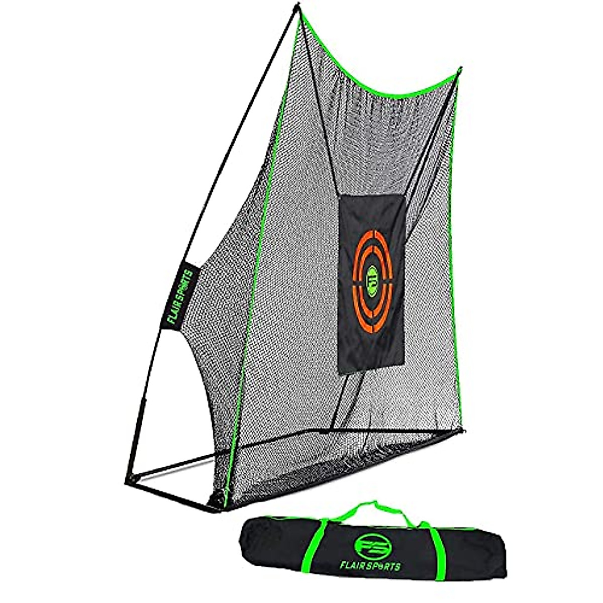Flair Sports - Golf Hitting Net - Professional Heavy Duty Series - Practice Driver, Irons, & Wedges - Indoor & Outdoor Swing Training - Driving Range at Home - Neon Chipping Target - 10' x 7' Size