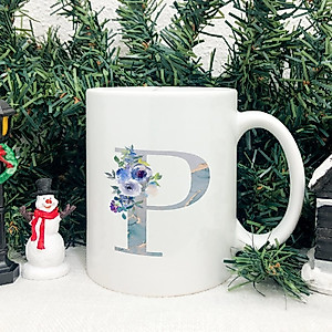 Monogram Letter P Coffee Mugs Marbling Letter Blue Flower Funny Coffee Mugs Alphabet Letters Porcelain Coffee Mugs Drinking Cups with Handle Friendship Gift For Mom Dad Grandma Grandpa Women Men 11oz
