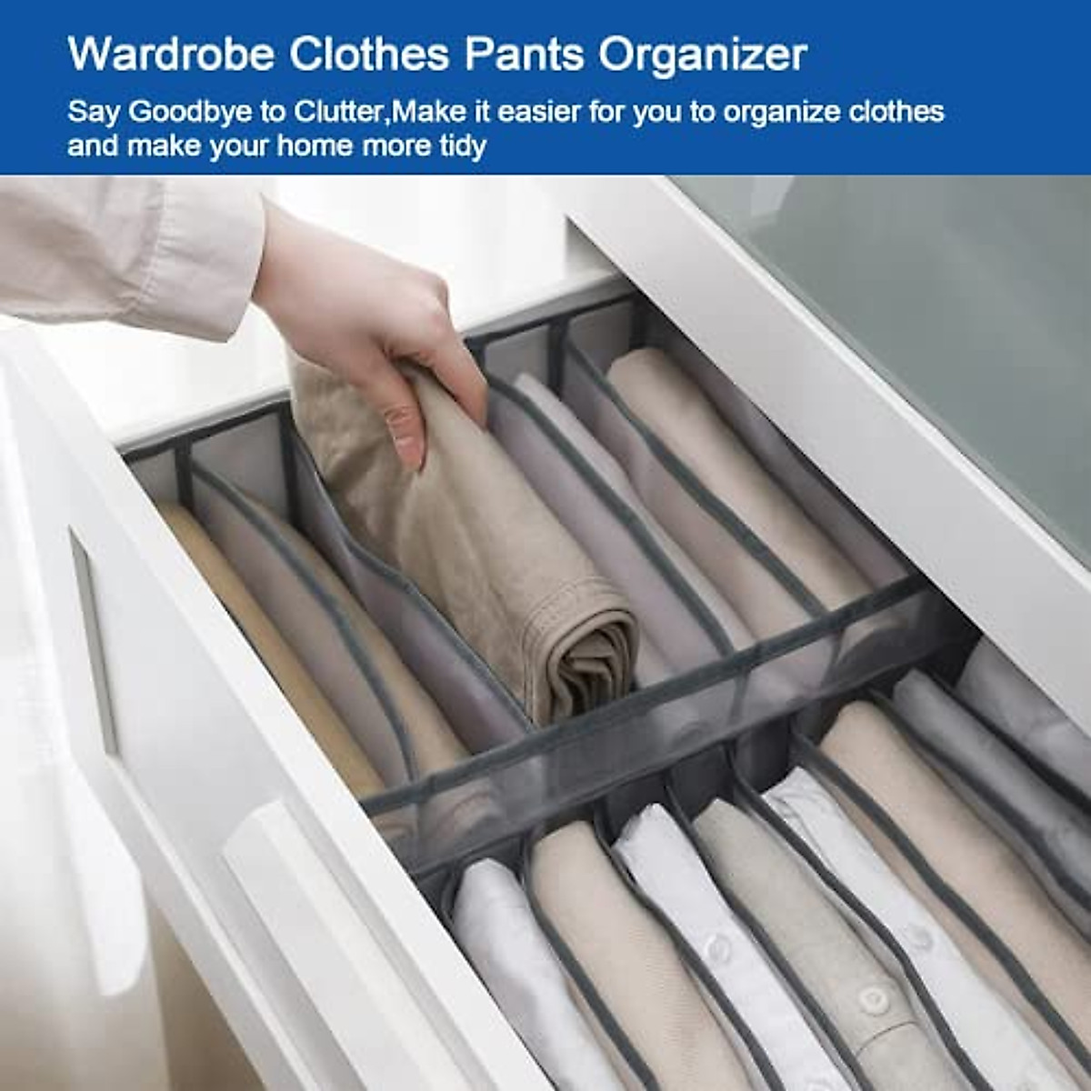 Wardrobe Clothes Organizer, Closet Pants Organizers for Jeans and Storage Baskets for Bedroom Dorm Room, 7 Grids Clothing Storage Bins, Washable Foldable Drawer Clothes Compartment Storage Box(2+2pcs)