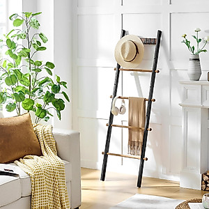 Gewudraw 5 Feet Blanket Ladder,5-Tier Towel Rack Holder with 4 Hooks,Wall Leaning Ladder Shelf, Decorative Ladder Blanket Holder Rack,Farmhouse Home Decor for Living Room,Bathroom,Bedroom,Rustic Decor