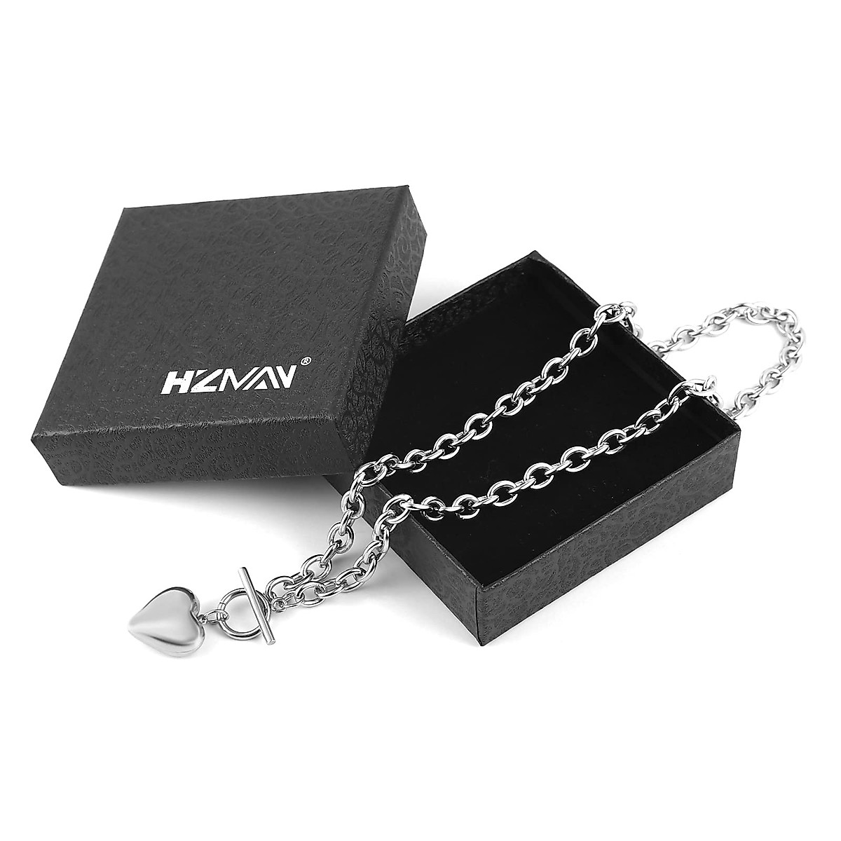 HZMAN Women Stainless Steel Heart Pendant Chunky Cuban Chain Link Toggle Clasp Necklace