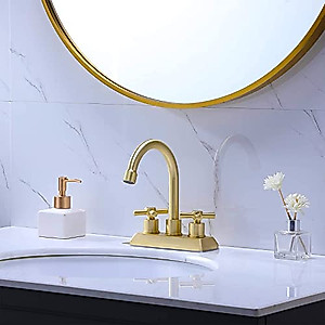 VAPSINT 2 Handle 4 Inch Centerset Brushed Gold Bathroom Faucet,Modern Commercial 2 Hole Gold Bathroom Sink Faucet,Laundry Basin Vanity Sink Faucet with Supply Lines and Pop up Drain Combo