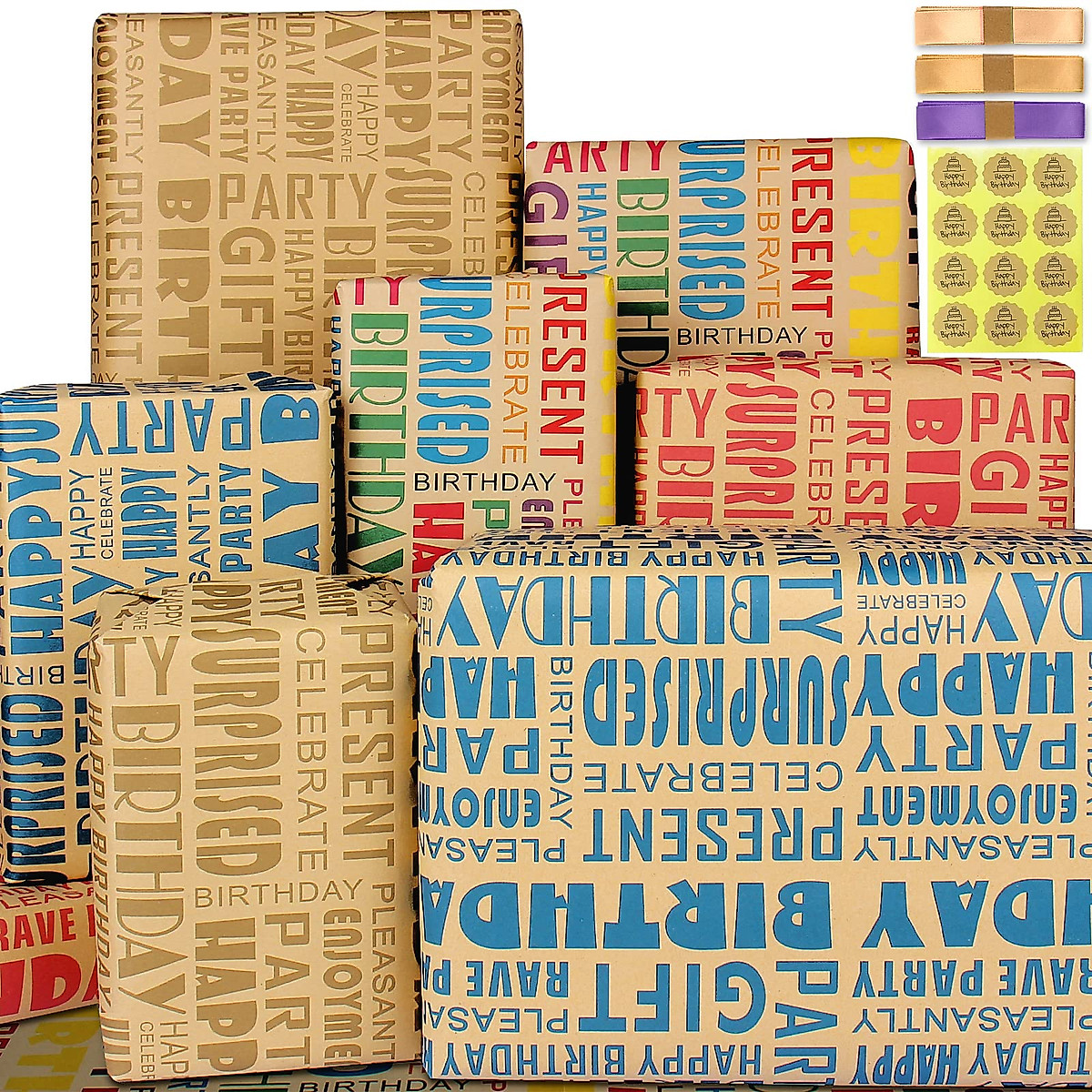 Birthday Wrapping Paper for Men Boys Women Girls Adults Kids,Happy Birthday Wrapping Paper Sheets,Recycled Gift Wrapping Paper Birthday Gift Wrap for Boys Women Girls Men Birthday Paper,Brown Kraft Present Wrapping Paper and Ribbon Bow Set with sticker fo