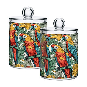 GOODOLD Parrot Pattern Qtip Holder 4 Pack - 10 Oz Clear Plastic Apothecary Jar Set for Bathroom Organization - Versatile Canister Storage for Cotton Balls, Swabs, Rounds