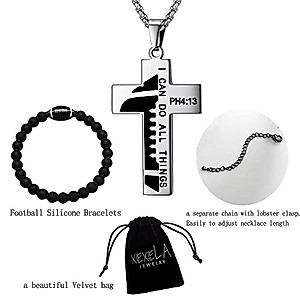XIEXIELA Football Cross Necklace for Boys, Football Silicone Bracelets, Bible Verse I CAN DO All Things Stainless Steel Sport Pendant for Men Rugby Ball Athletes Sports Lover Bracelets