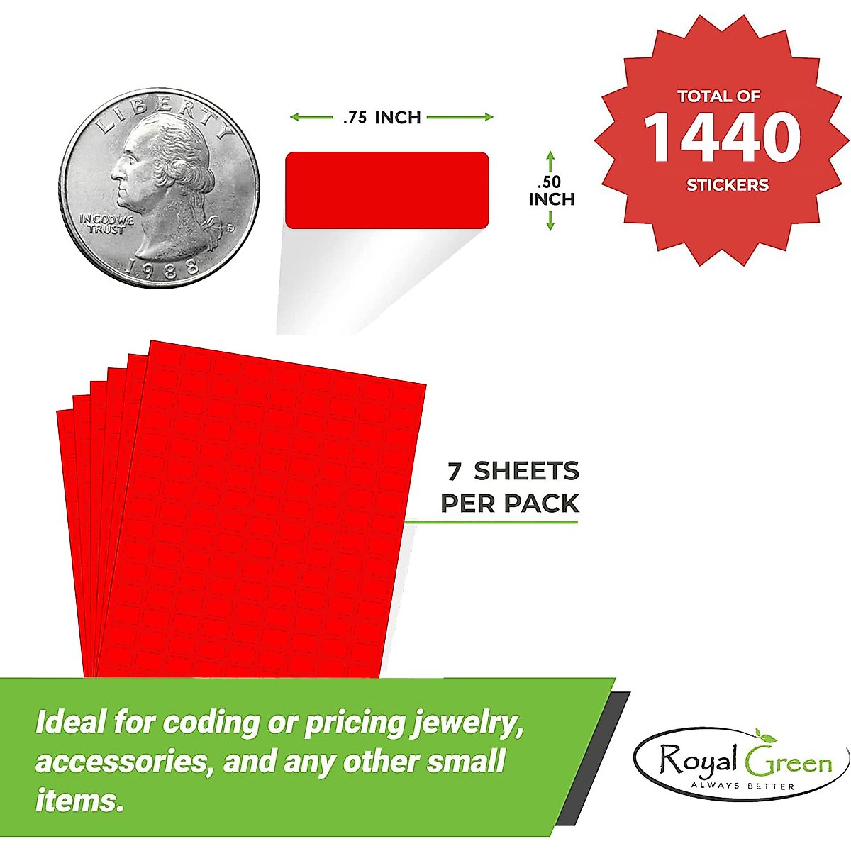 Royal Green Rectangular Small Printing Stickers Sheets Labels 0.75" x 0.5", Permanent Red Color Coding Labels for Laser or Inkjet Printer Template Included, 50 Sheets - 7200 Pack