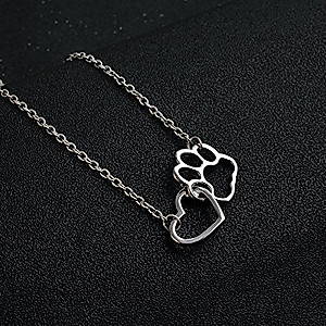 QIAN0813 Cat Dog Puppy Paw Print Stamped Pet Memorial Pendant Necklace Love Heart Necklace Jewelry (Silver)