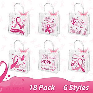 DTOFOOT 18Pcs Breast Cancer Clear Gift Bags with Handles Pink Ribbon Bow Breast Cancer Awareness Bulk Item PVC Pink Ribbon Bags Reusable for Breast Cancer Bags Women Nurse Breast Cancer Survivor Party