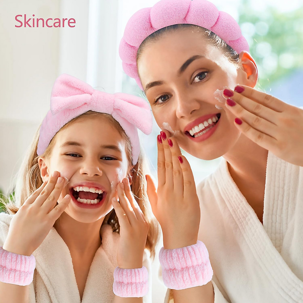 Chanaco Spa Wristband and Pink Puffy Sponge Makeup Headband Set for Face Washing, Skin Care, Teen Girl Gifts