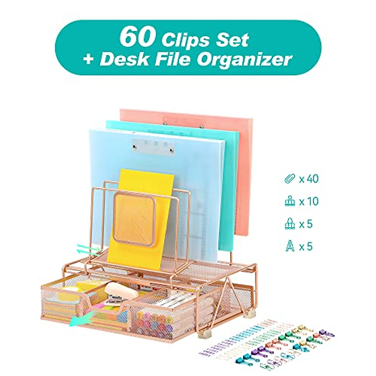 Beiz Rose Gold Desk Organizer and Accessories Storage with 5 Stacking File Folder Sorter, Paper Tray, Drawer, 60 Colorful Clips Set (Included), Desktop Organization for Women Office