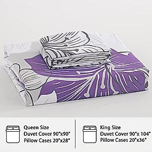 3 Pieces Duvet Cover Set Queen Purple Floral Pattern Comforter Cover Set Elegant Boho Lily Duvet Cover with 2 Pillow Cases Breathable Microfiber Bedding Duvet Cover Set All Season (Purple, 90"x90")