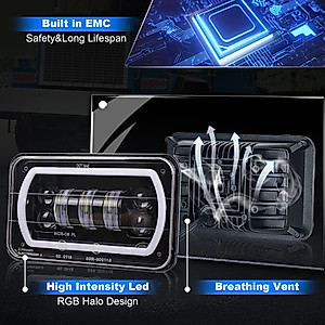 4x6 Led Headlights with White RGB Halo Music Mode Seal Beam Replace H4651 H4656 H4666 Rectangular Led Headlight for Truck Peterbilt Kenworth Ford Monte Carlo Oldsmobile