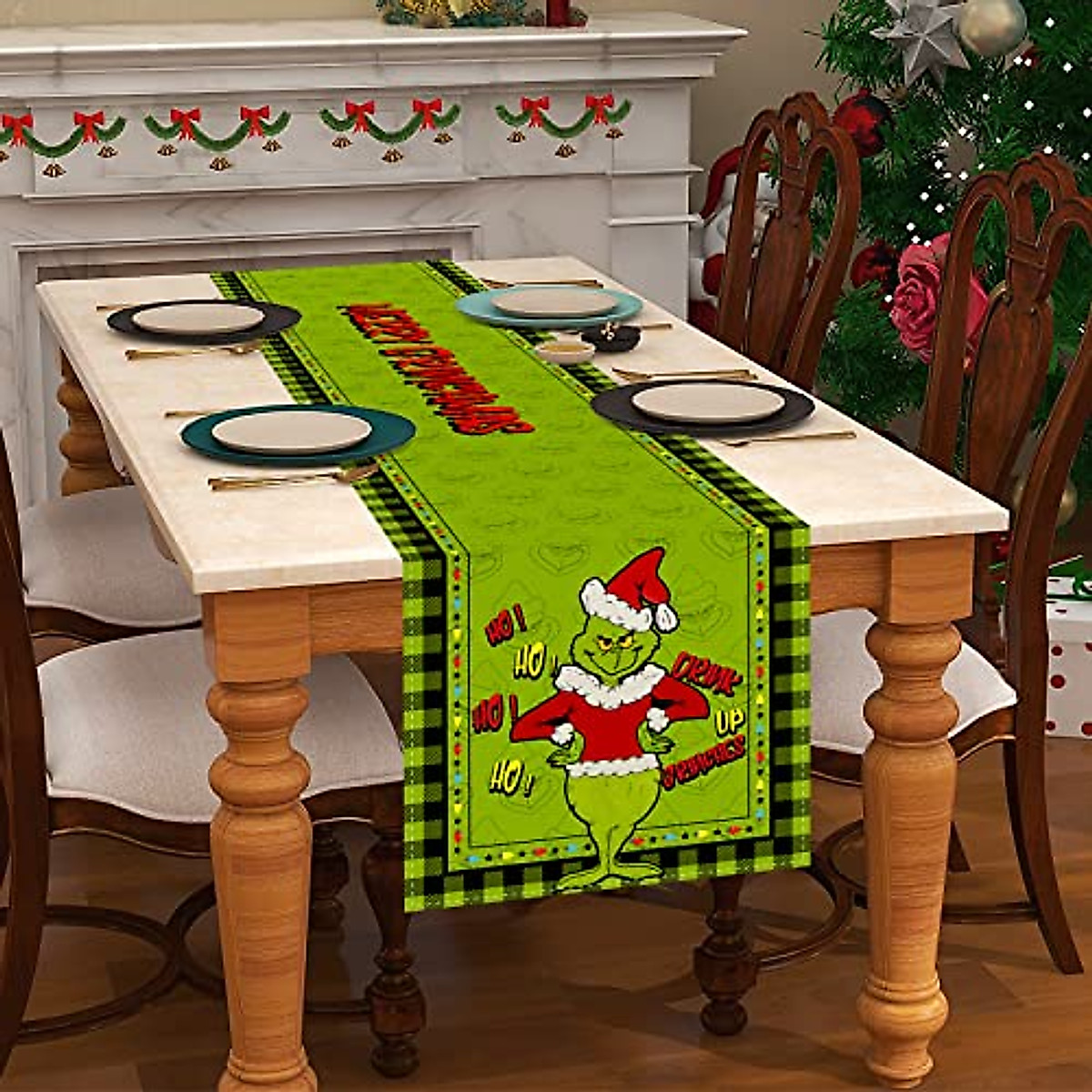 FARMNALL Linen Green Christmas Table Runner Merry Grinchmas Tablecloth Christmas Xmas Winter Holiday Home Kitchen Table Decorations 13x72 Inch