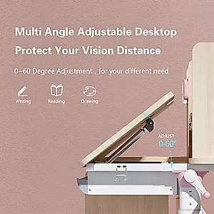 FCD Wood Adjustable Height Kids Study Desk with Chair, Reading Homework Drawing Table Computer Station Built-in Bookshelf Hutch, Tablet Holder, Tiltable Desktop and Storage Drawer (Pink, Wood of Fir)
