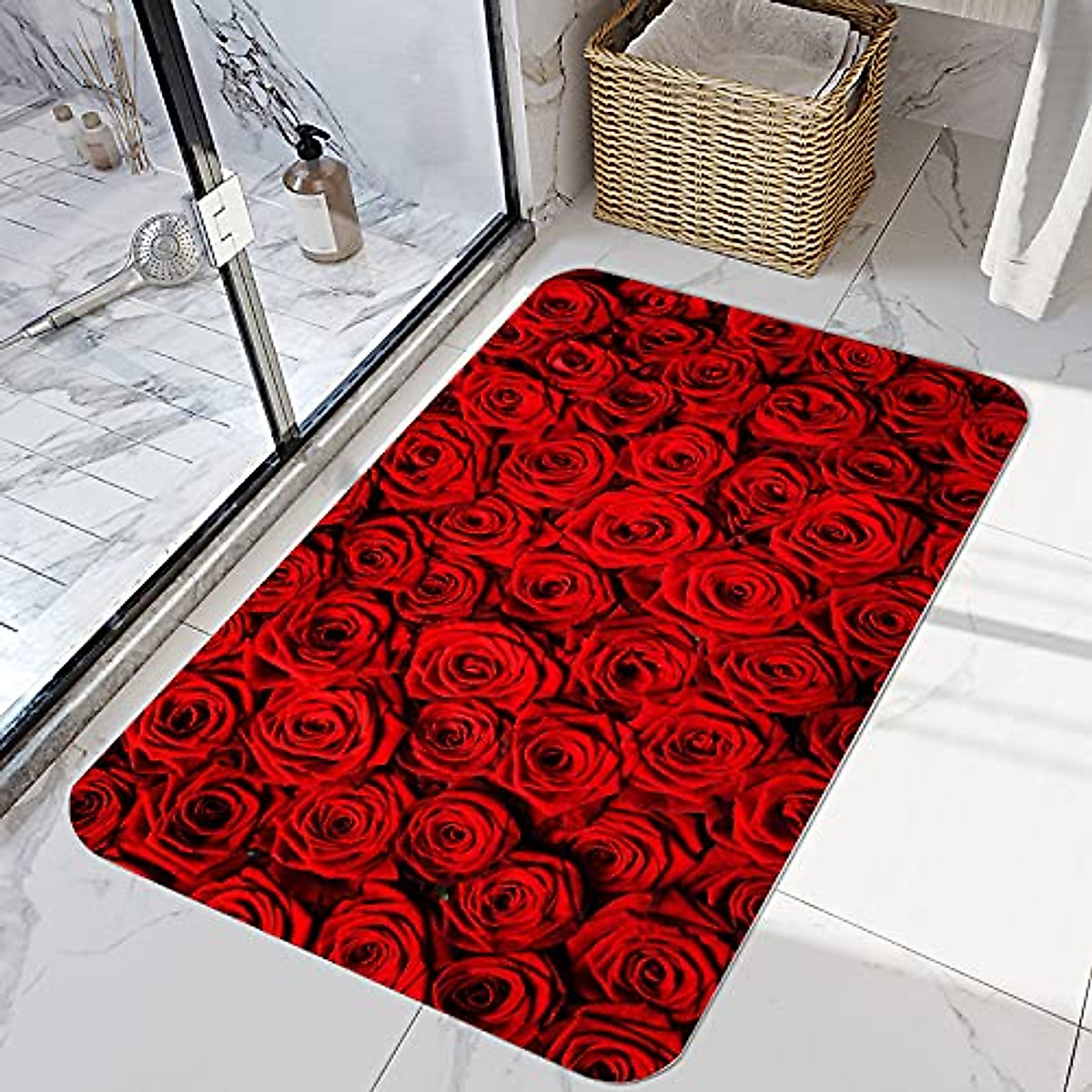 Red Rose Flower Print 17MM Thick Memory Foam Bathroom Carpet and Door Mat Non-Slip Absorbent Super Bath Mats Comfortable Flannel Bathroom Carpet Bed Rug 29 X 17 Inches