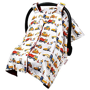 Baby Car Seat Canopy Cover - Construction Tractors with Red Minky Dot