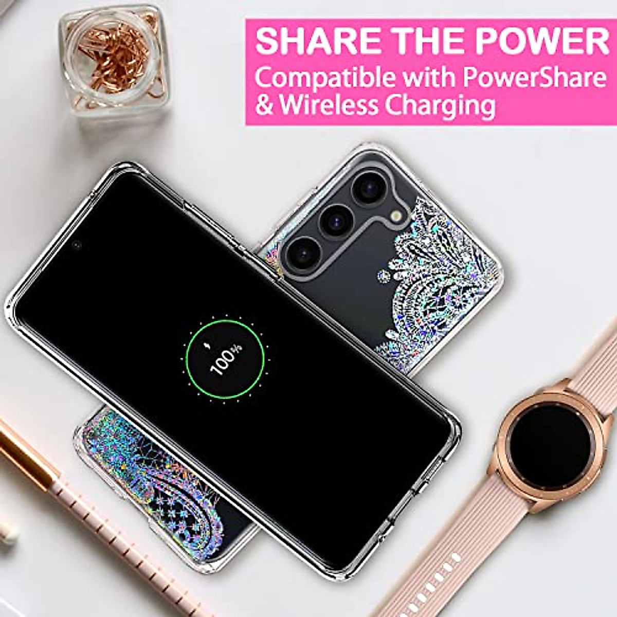 Coolwee Clear Glitter for Samsung Galaxy S23 Case, 6.1 inch, Anti Yellowing Military Grade Drop Protection Shockproof Flower Slim Crystal Bling Lace Floral Hard PC Soft TPU Bumper Cover Mandala Henna