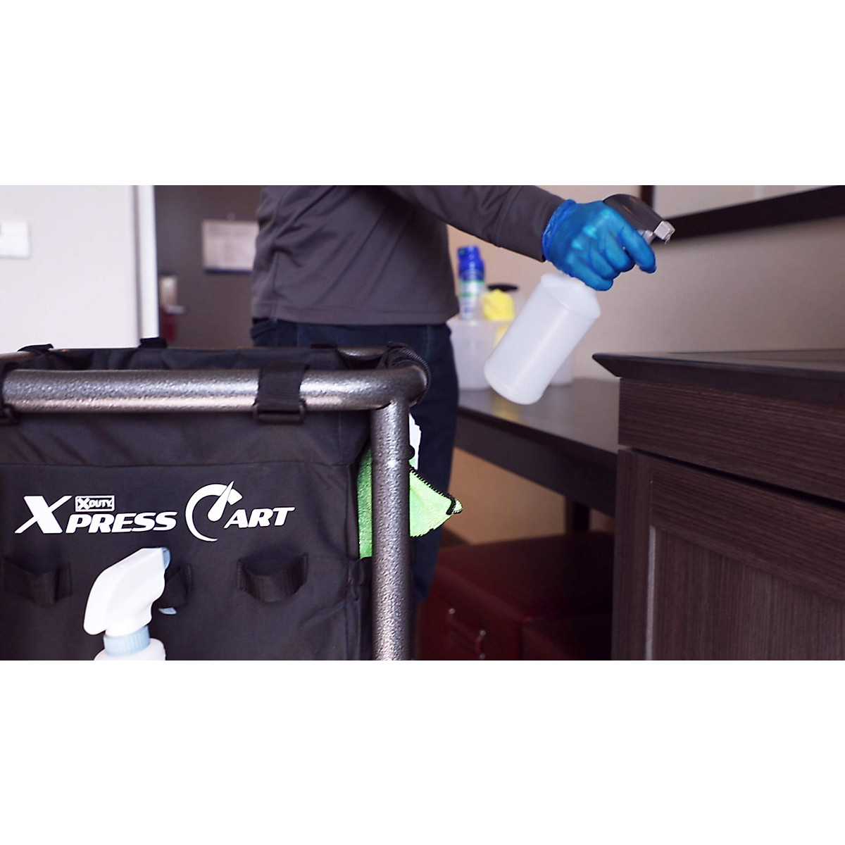 Housekeeping and Janitorial Cart with Rolling Wheels, Black Bag, Compact Steel Frame, Hammertone Finish