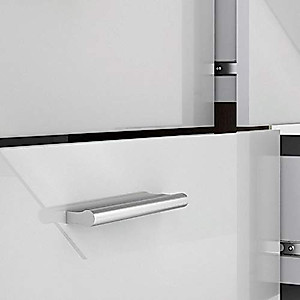 Levan Home 32" H x 55" W Contemporary Scandinavian Design Engineered Wood Double Bedroom Dresser with 8-Drawer and Silver Bar Handles, Suitable for Small Rooms, in Clean Oak/White High Gloss