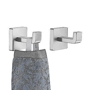 JQK Bathroom Towel Hook Brushed, Coat Robe Clothes Bath Wall Hooks for Kitchen Garage SUS 304 Stainless Steel Thick 0.8mm, 2 Pack Brushed Steel, TH250-BN-P2