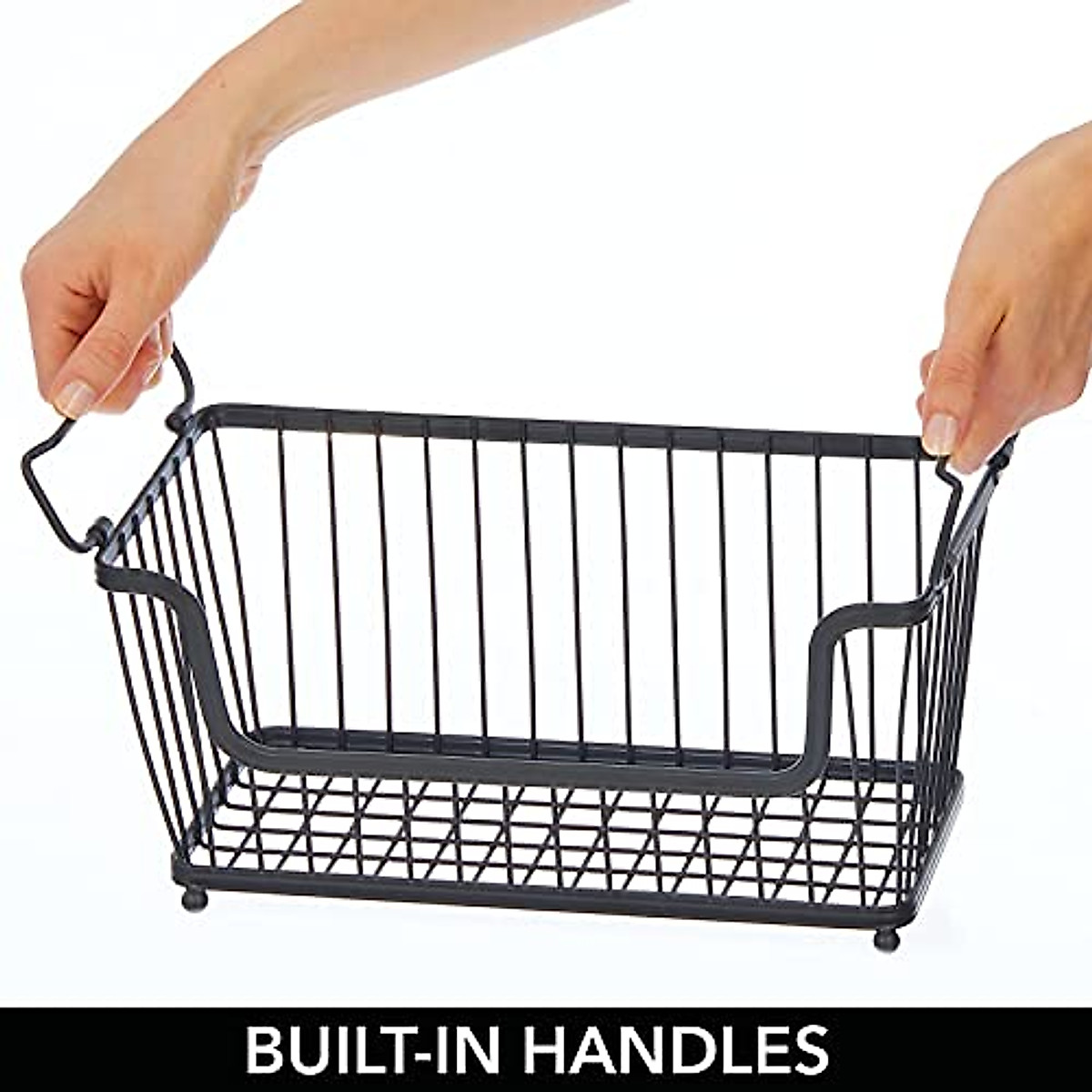 mDesign Stackable Metal Basket for Kitchen Storage - Wire Farmhouse Bin Basket w/Handles for Pantry - Stacking Wire Basket Organizer for Food, Drinks, Snacks - Hyde Collection, 6 Pack, Black