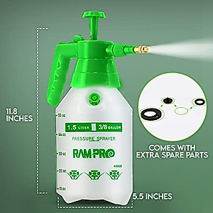 Garden Sprayer, ⅜ Gallon Pump Sprayer, 1.5L Weed Sprayer, 55 Oz Water Sprayer| Pump Spray Bottle For Lawn Sprayer, Plant Mister, Safety Valve & Adjustable Brass Nozzle, Pressure Hand Sprayer By RamPro