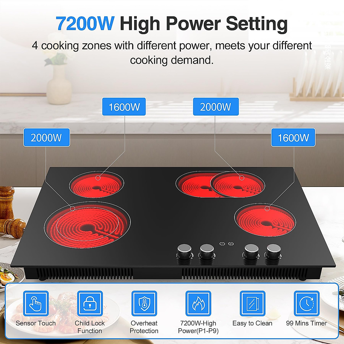Electric Cooktop 30 Inch, Electric Stove 4 Burner Built-in Electric Cooktop,7200W Radiant Electric Cooktop Stove Itop,9 Power Levels,Timer,Knob Control,Kid Safety Lock,220-240V for Hard Wire(No Plug)