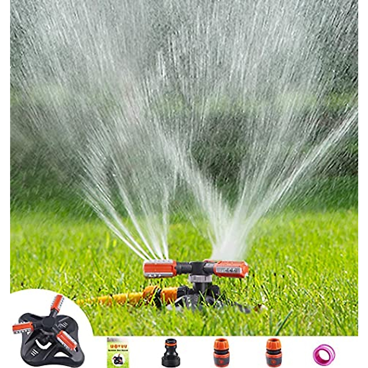 WOVUU Lawn Sprinkler,Upgrade Garden Sprinkler Automatic 360 Degree Rotating Irrigation Grass Water Sprinkler System, Garden Hose Sprinkler for Yard/Built in 36 Units Angle Spray Nozzles (Orange)
