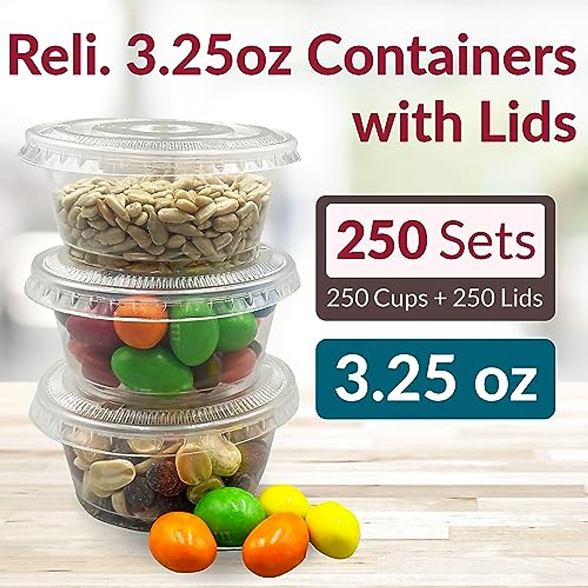 Reli. 3.25 oz Small Containers with Lids (250 Sets) | Jello Shot Cups with Lids | Clear Plastic Condiment Containers with Lids | 3 oz Portion Cups with Lids | 3 oz Sauce Cups with lids | Souffle Cups