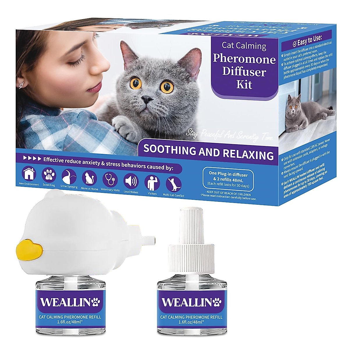 Woyamay Cat Calming Diffuser Kit - 3-in-1 Cat Pheromone Diffuser for Anxiety & Stress Relief-Includes 1 Diffuser and 2 Refill Vials (48ml Each)-Provides 60 Days of Comfort and Relaxation for Your Cat