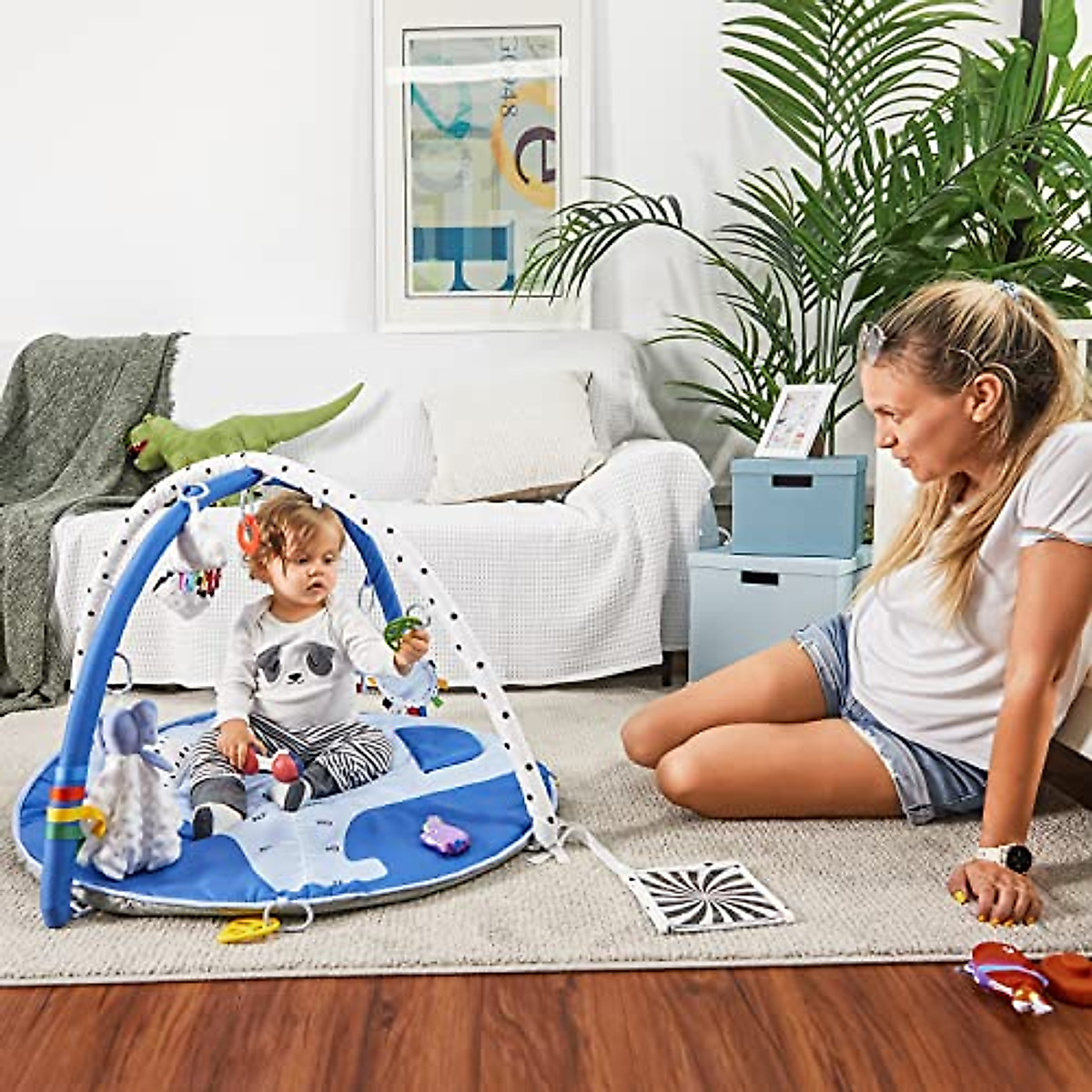 SYNPOS Baby Gym Play Mat, Baby Play Mat with 10 Toys for Sensory and Motor Skill Development, Baby Gym Activity Mat with Elephant Security Blanket, Rainbow Play Mat for Baby Gift