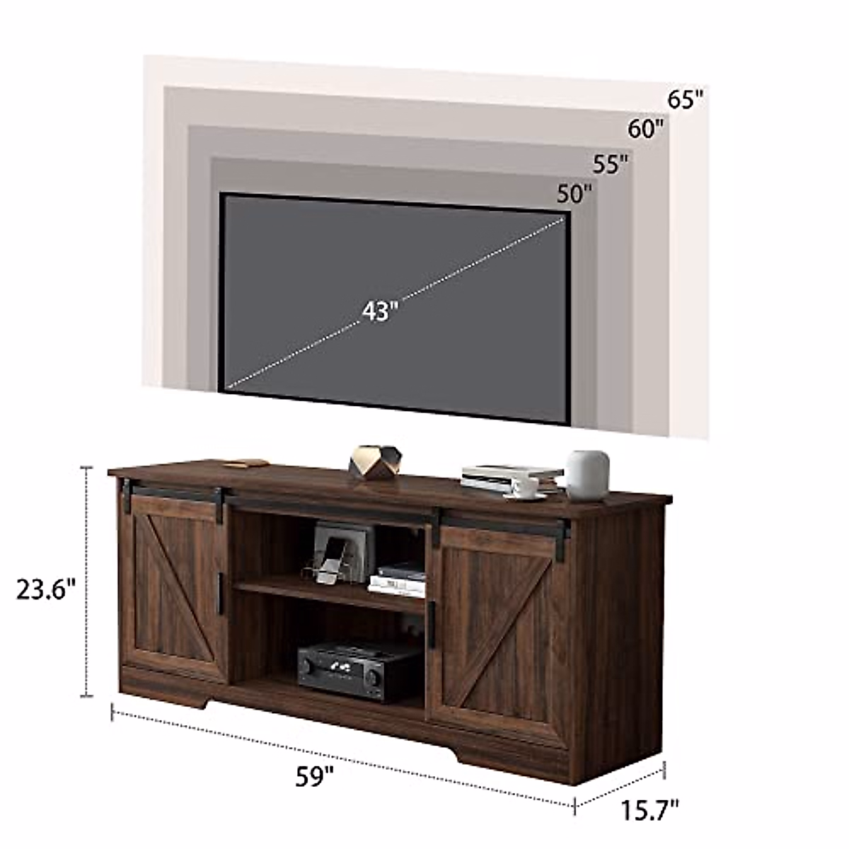 Kasibie Farmhouse 65" TV Stand, Modern TV Stand Brown, Entertainment Center with Storage Cabinet, Sliding Barn Door Media Cabinet (Brown)