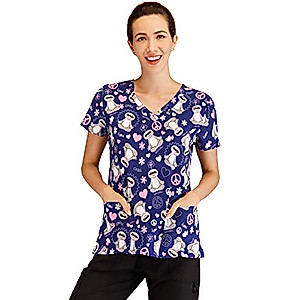 Minty Mint Women's Stretch Printed V-Neck Medical Scrub Top Navy Pink S