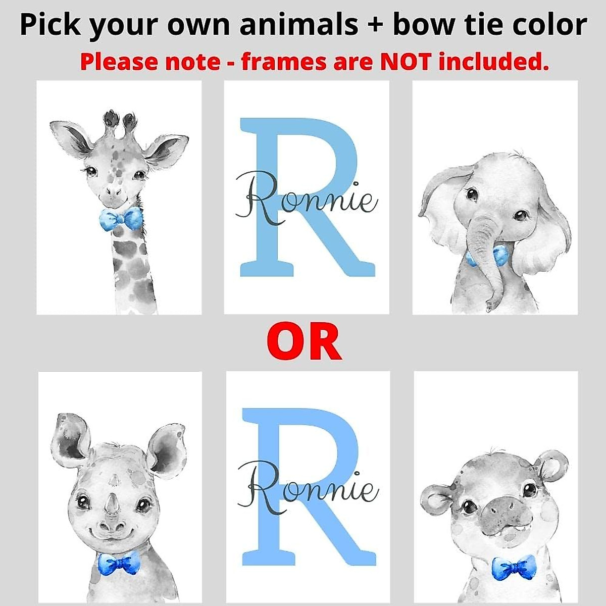 Safari Animals Boys Nursery Bedroom Unframed set of 3 Poster Prints, Personalized Name Blue Green Yellow Bow Tie Wall Art Decor New Baby Gift Present, Elephant Giraffe Lion Zebra (9x12)