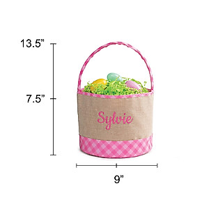 Personalized Easter Bucket Bag with Custom Cursive Name | Pink Plaid Burlap Easter Bag with Handle | Egg Basket for Kids | Customized Easter Basket | Great for Book and Toy Storage