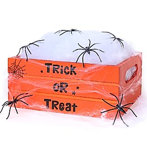 Aweyka Halloween Mini Trick or Treat Wooden Crate, Decorative Wood Crates Crate Box Wooden Storage Box with Spider Cotton and 6 Spider for Tiered Tray Shelf Table Kitchen Home fall Halloween Decor
