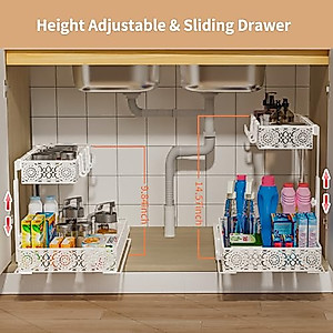 Iirios Adjustable Height Under Sink Organizer, 2-Tier L-Shape Slide Out Sliding Shelf, Under Cabinet Organizer with Drawer and Hooks, Multi-Use Under Sink Storage for Bathroom Kitchen, White