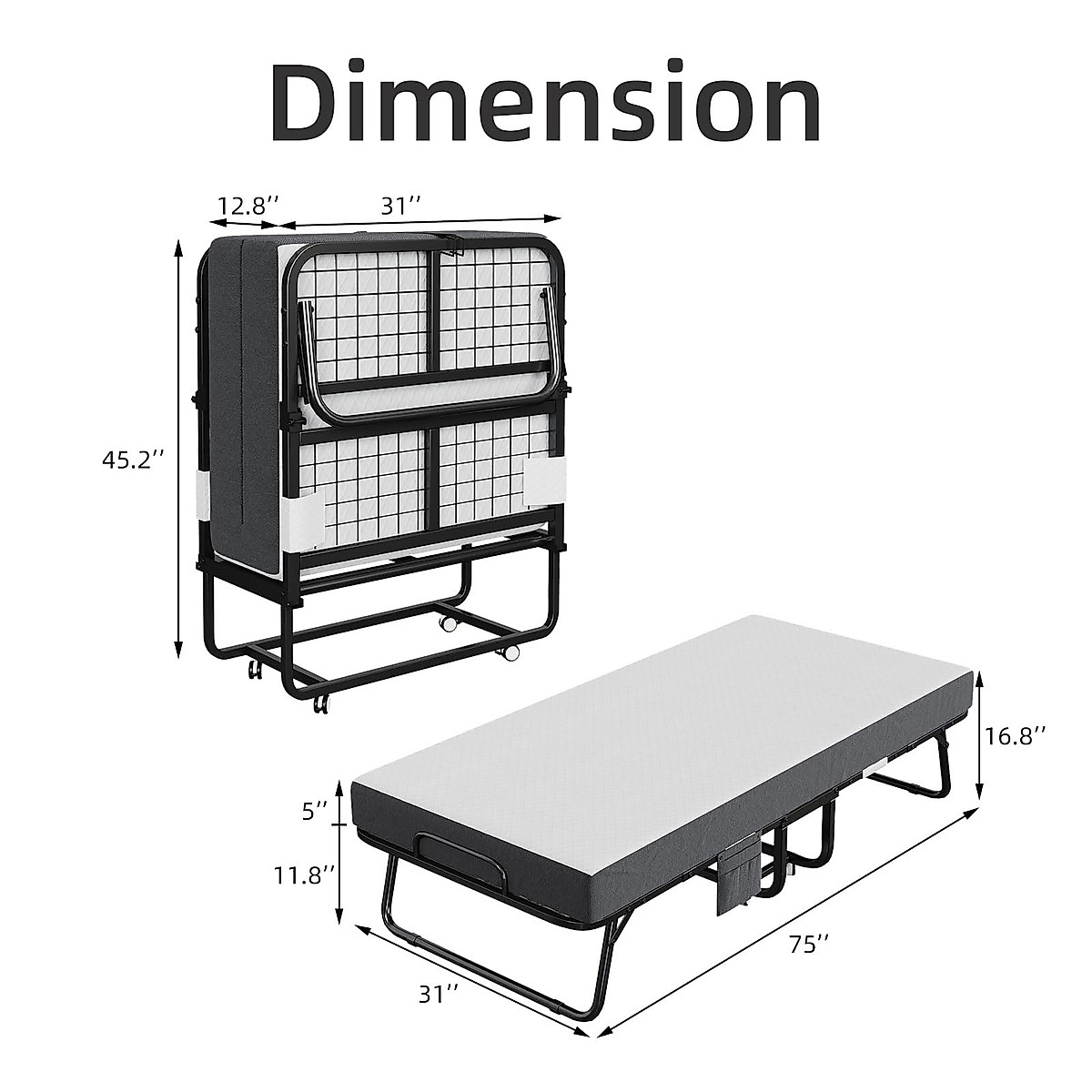 Folding Bed with Mattress, Portable Foldable Bed with Premium 5 Inch Memory Foam Mattress, Rollaway Bed Day Bed for Adults with Storage Cover and Metal Frame, Cot Size Extra Guest Bed (75" x 31")