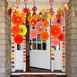 Supla 40 Pack Fall Party Decorations Set – Includes Autumn Hanging Paper Fans Pom Poms Fall Maple Leaves Party Swirls Streamers Fall Banner Backdrop Garland String for Thanksgiving Wedding Birthday