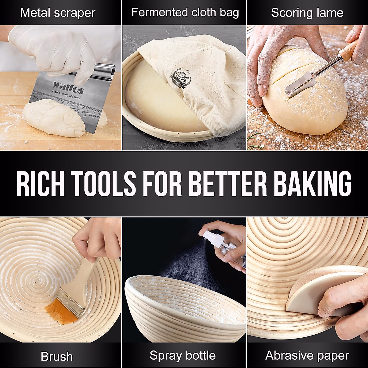 Walfos Banneton Proofing Basket Set（9 pcs）-100% Natural Rattan Sourdough Bread Basket,10" Round & 9" Orval Proofing Basket,Includes Professional Baking Tools,Great for Home and Professional Bakers