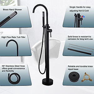 Free Standing Tub Faucet Matte Black Freestanding Bathtub Faucet with Sprayer High Flow Floor Mount Tub Filler with Hand Shower Bathroom Standing Floor Faucet Brass, Single Handle - JIAENLEMA