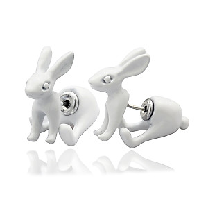 RechicGu White 1Pair 3D March Hare Rabbit Fairytale Wonderland Earrings Fake Ear Taper Plug Studs