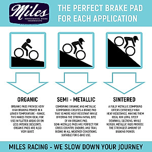 Miles Racing Brake Pads for Disc Brakes, Blue, Road, MTB, E-MTB, E-Road, E-Bike, Touring Cycle, Semi-Metallic - XC, Enduro, Trail | Sintered - Freeride, Downhill, Wet | Organic - XC, Commuter