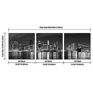Pyradecor New York City Skyline Night Modern 3 Panel Stretched and Framed Black and White Cityscape Giclee Canvas Prints Pictures Paintings on Wall Art for Living Room Bedroom Home Decorations