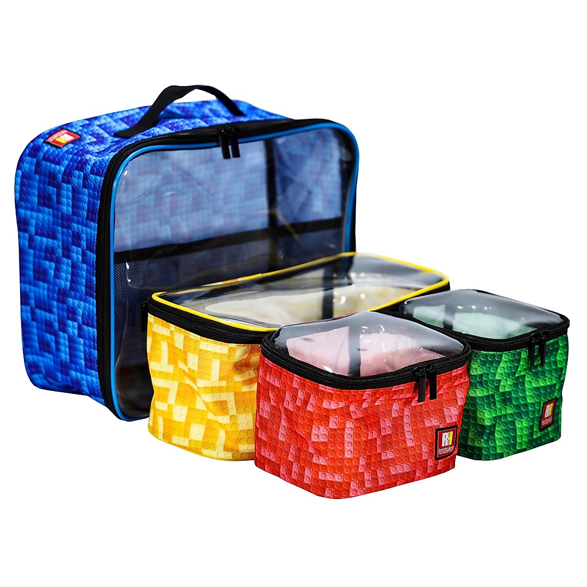 Remobia Hicol 4-piece Kids Toy Storage Organizer Set Bag for Lego Building Bricks with See Through Clear TPU Top, Small Toy Packing Cube Bags, Clean Up Container case (grid pattern)